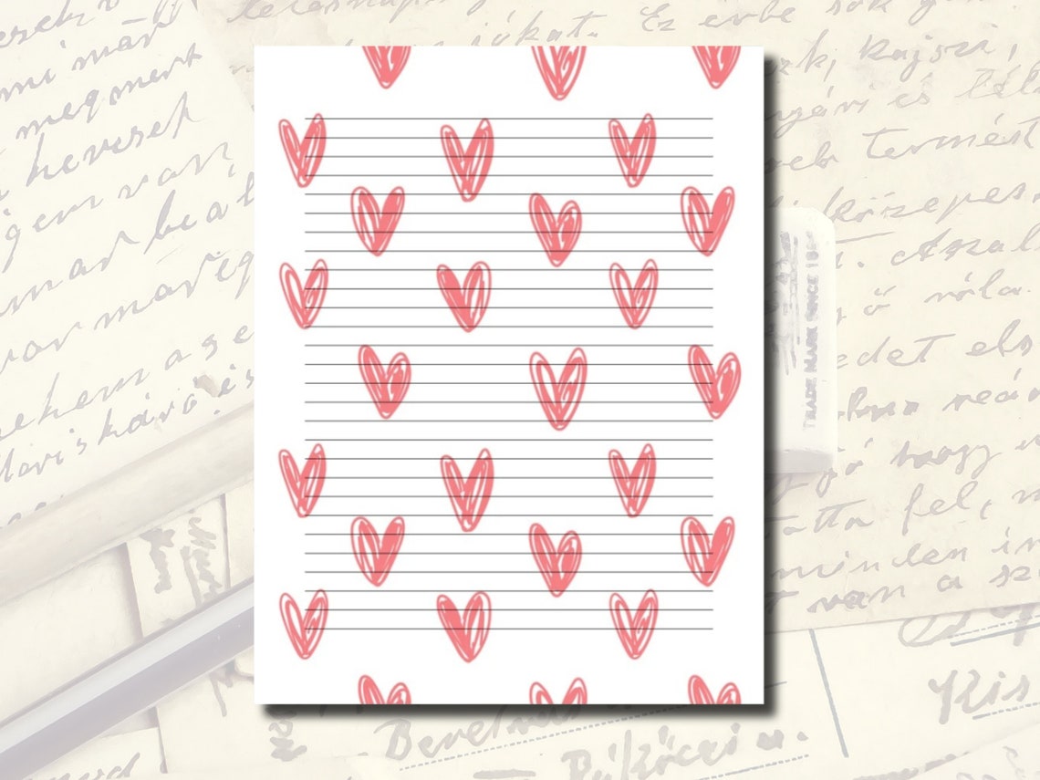Hearts Printable Stationary Lined Paper Digital Download PDF Letter ...