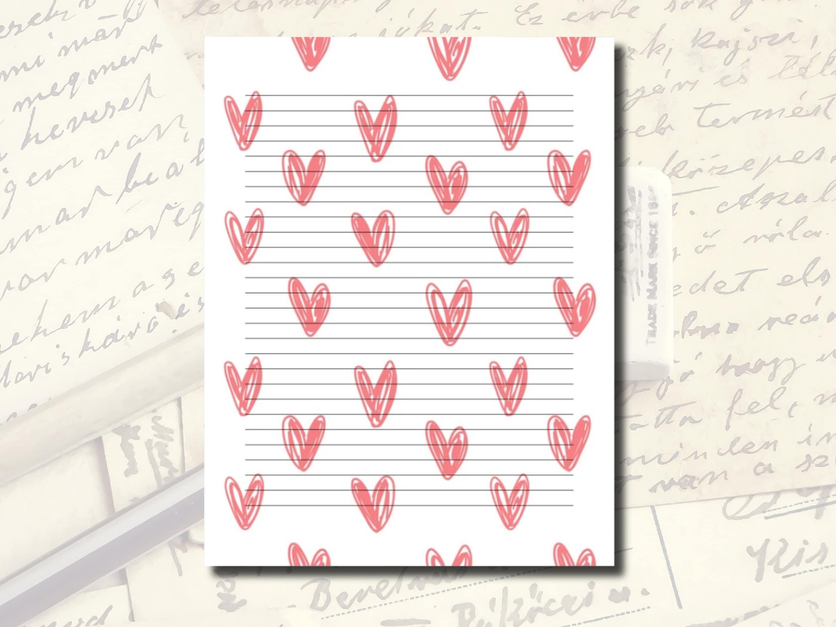 Hearts Printable Stationary Lined Paper Digital Download PDF Letter ...