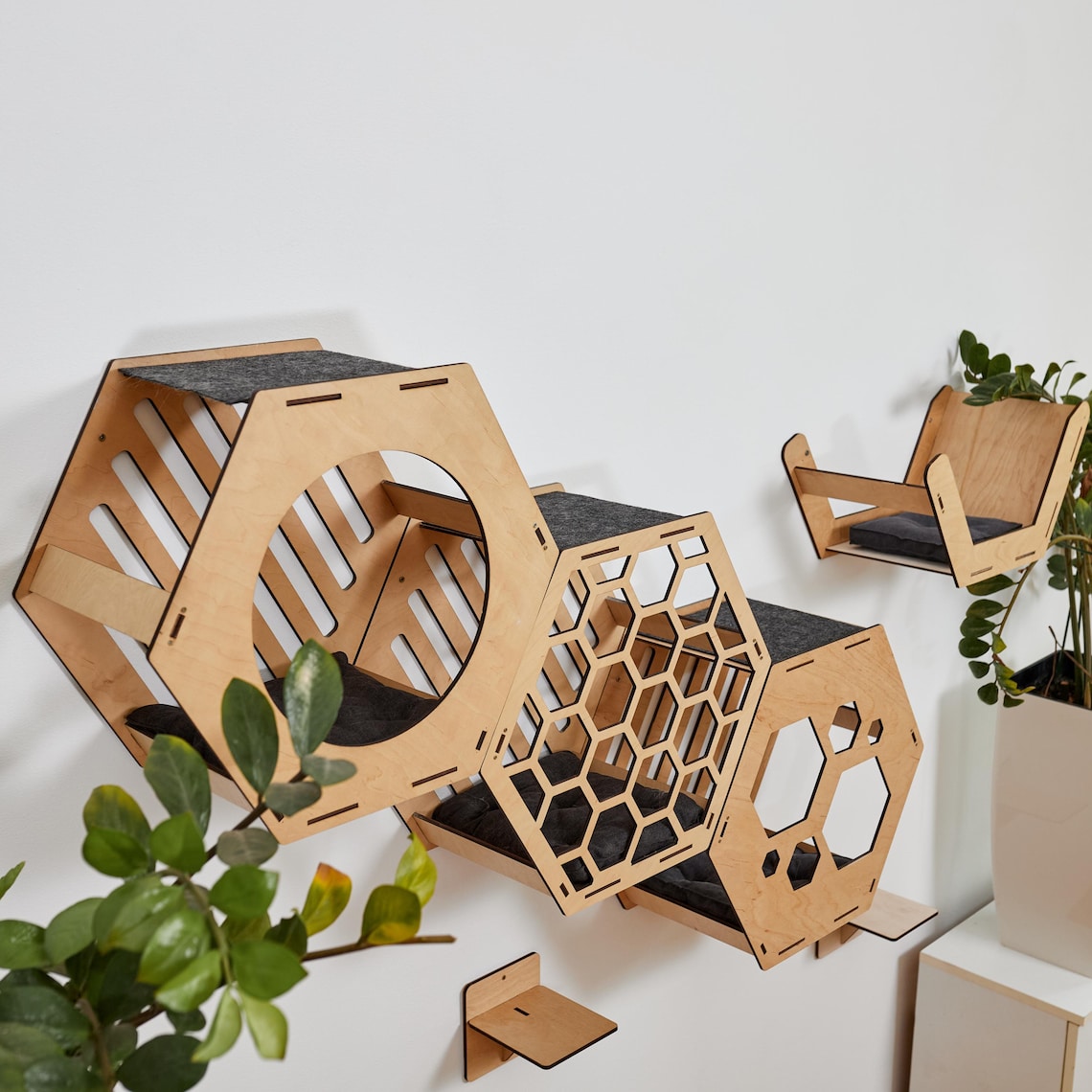 Hexagonal Cat Wall Shelves, Modular Cat Furniture, Wooden Cat Climbing ...