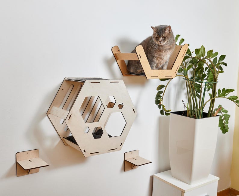 Wall Mounted Cat Shelves, Modern Cat Furniture, Hexagon Cat Wall ...
