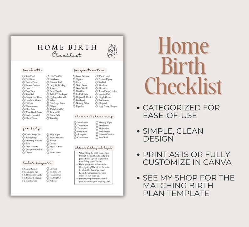 Home Birth Checklist, Editable Checklist, Home Birth Prep List for ...