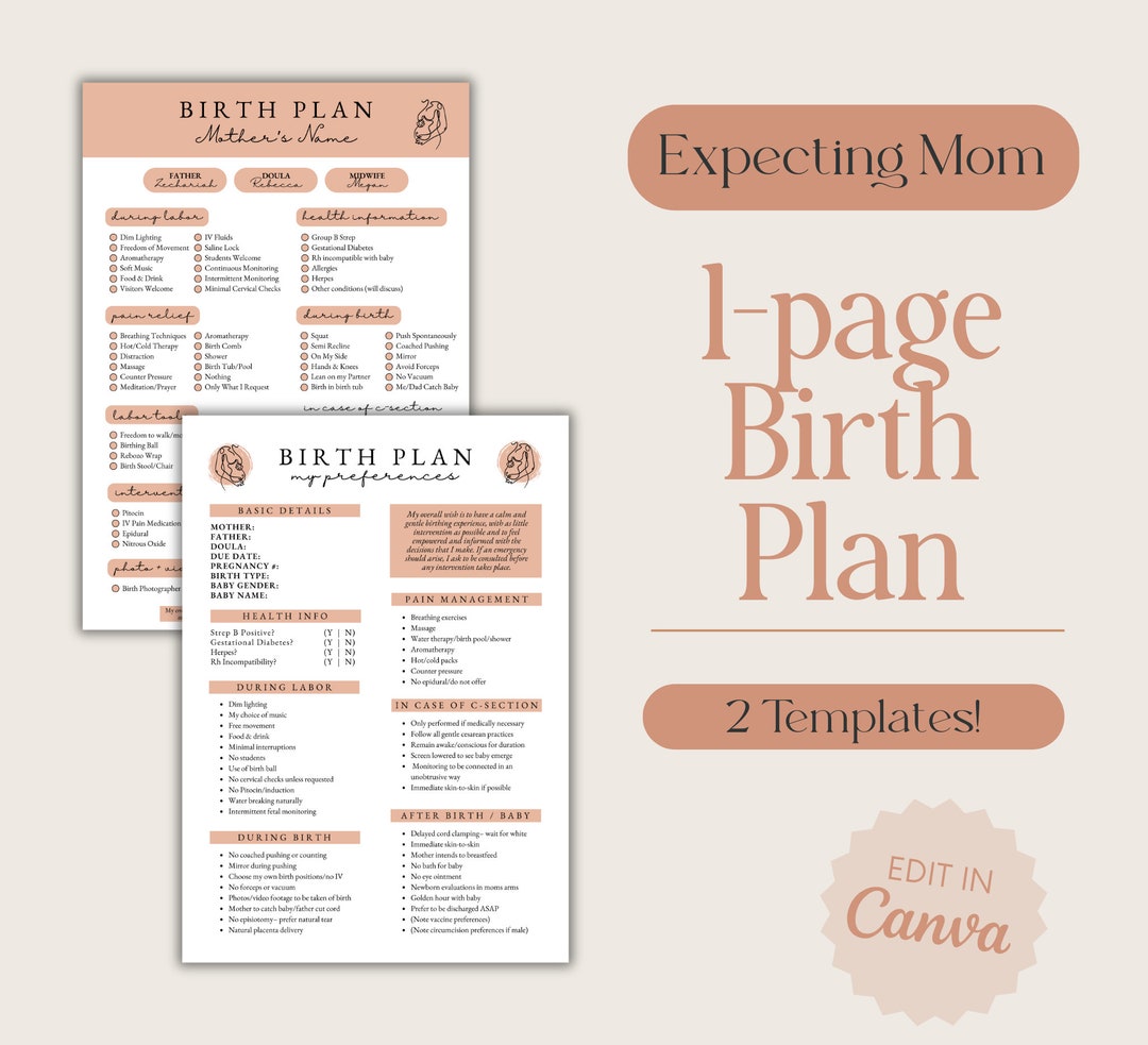 1-page Birth Plan Template, Birth Plan Printable, Printable Birth Plan ...