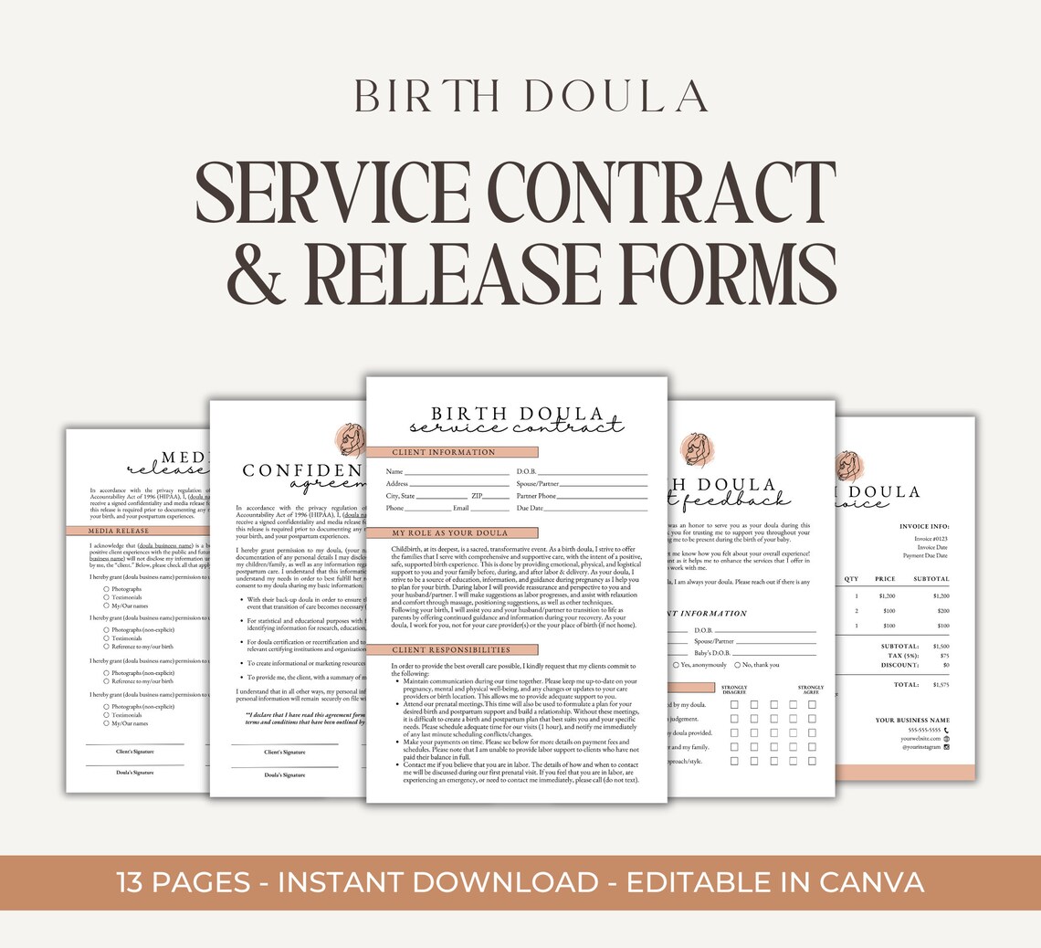 Doula Service Contract and Release Forms, Legal Contract for Doula ...