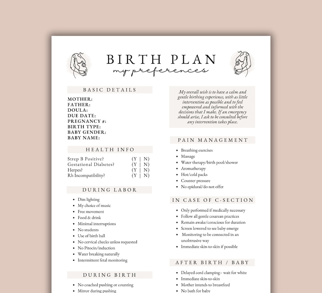 1-page Birth Plan Template, Birth Plan Printable, Printable Birthing ...