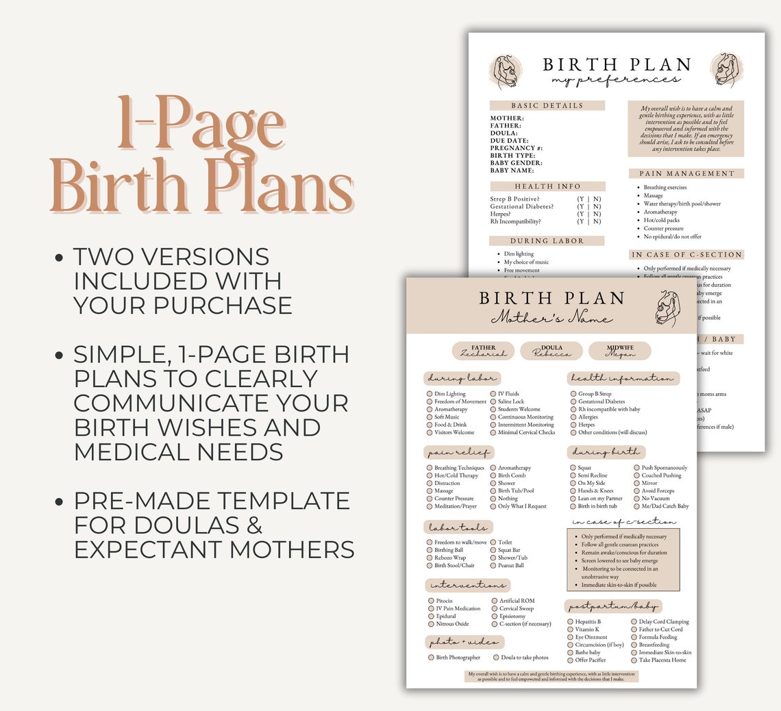 Editable 1-page Birth Plan, Birth Plan Printable, Printable Birthing ...