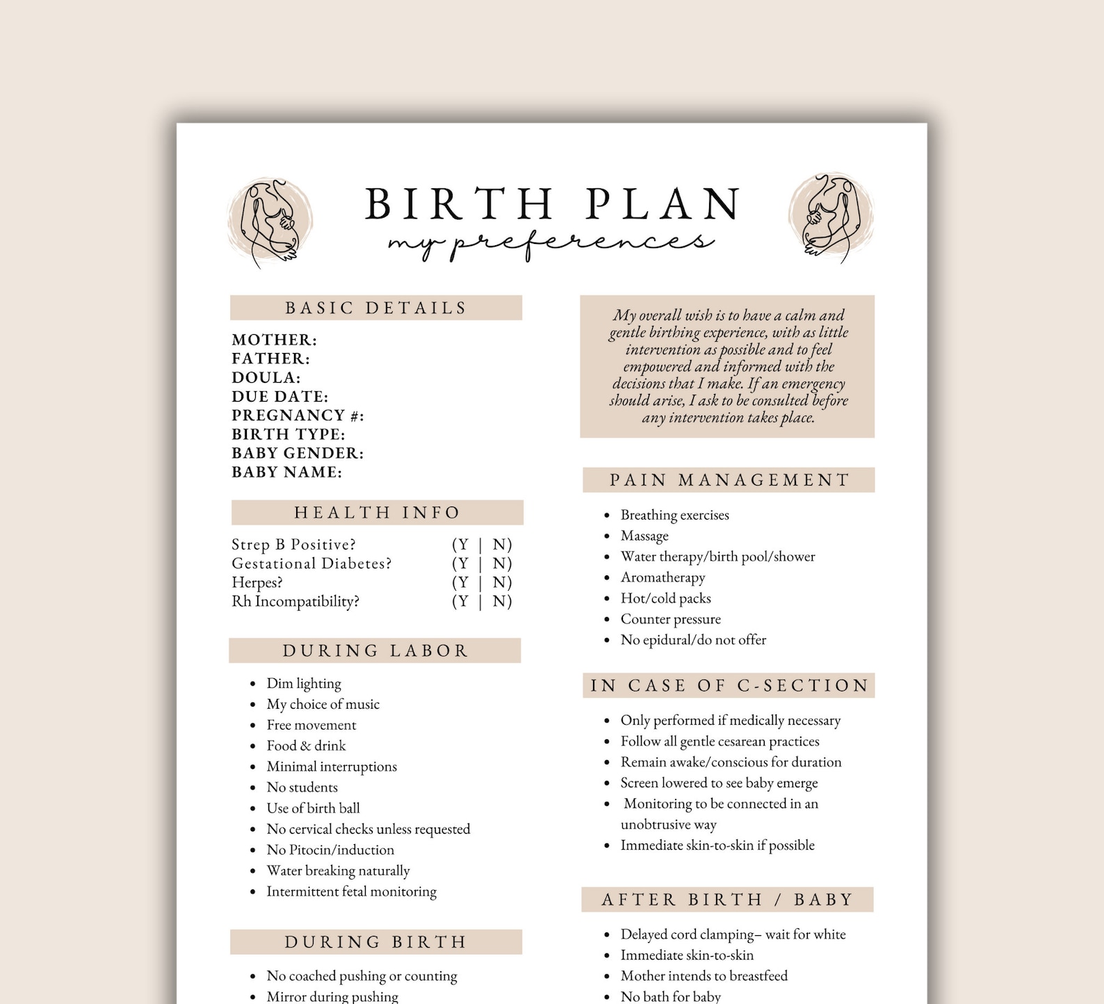 Editable 1-page Birth Plan, Birth Plan Printable, Printable Birthing ...