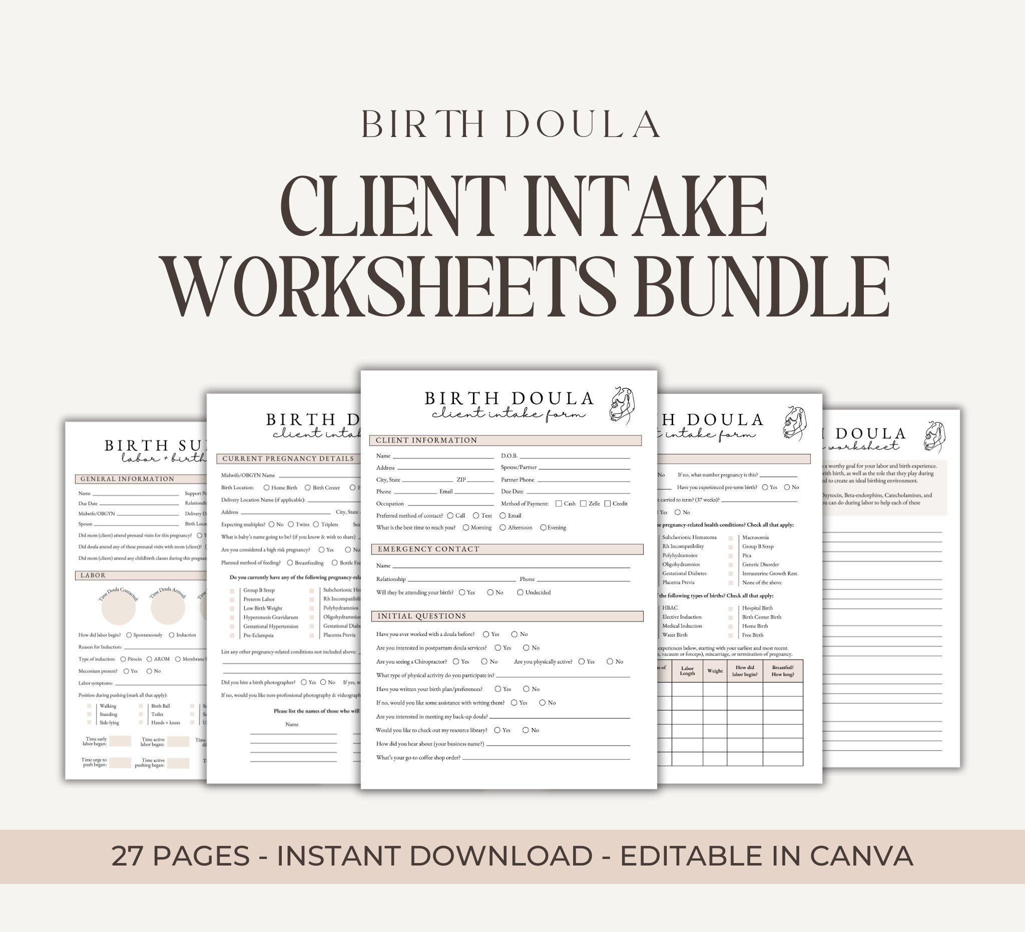 Doula Client Intake Forms Bundle, Canva Template, Editable Forms ...