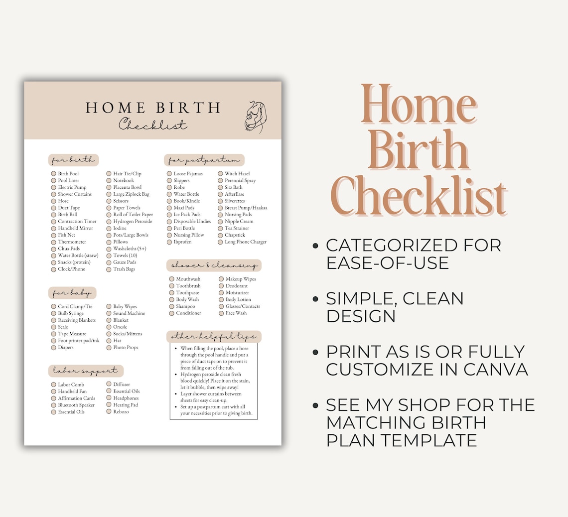 Home Birth Checklist, Editable Checklist, Home Birth Prep List for ...