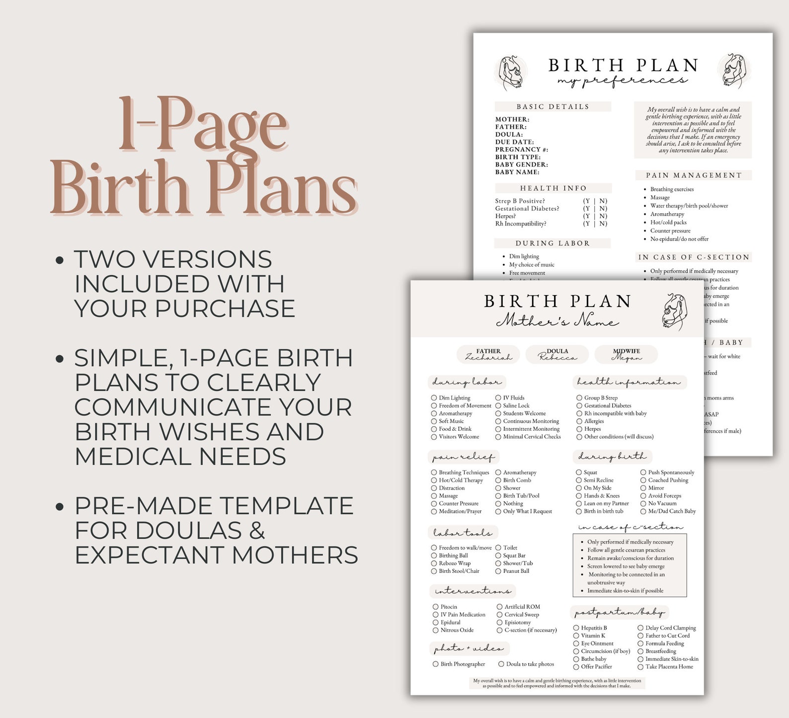 Customizable 1-page Birth Plan Template, Birth Plan Printable ...