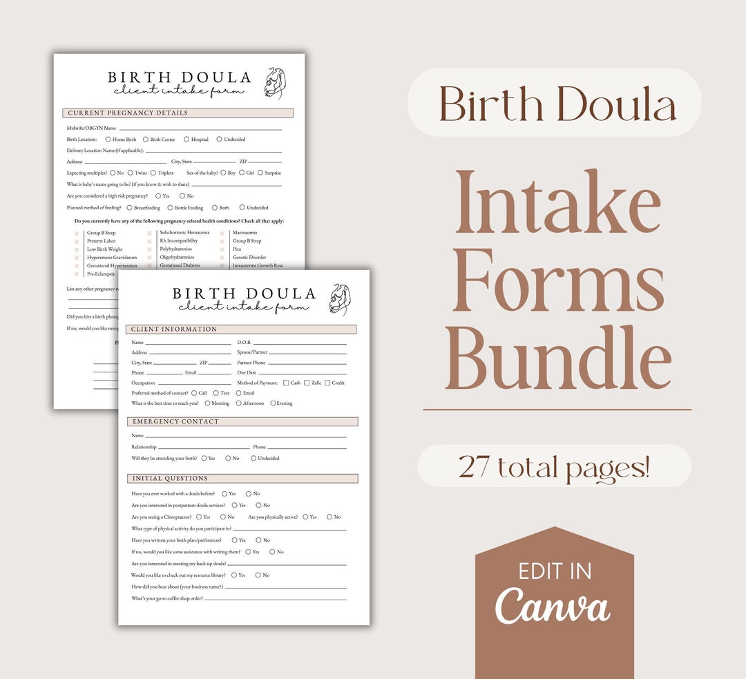 Birth Doula Client Intake Forms, Canva Template, Editable Forms, Professional Business Template ...