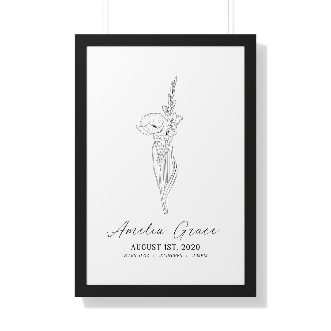 Personalized August Birth Flower Poster, Framed Vertical Poster, White ...