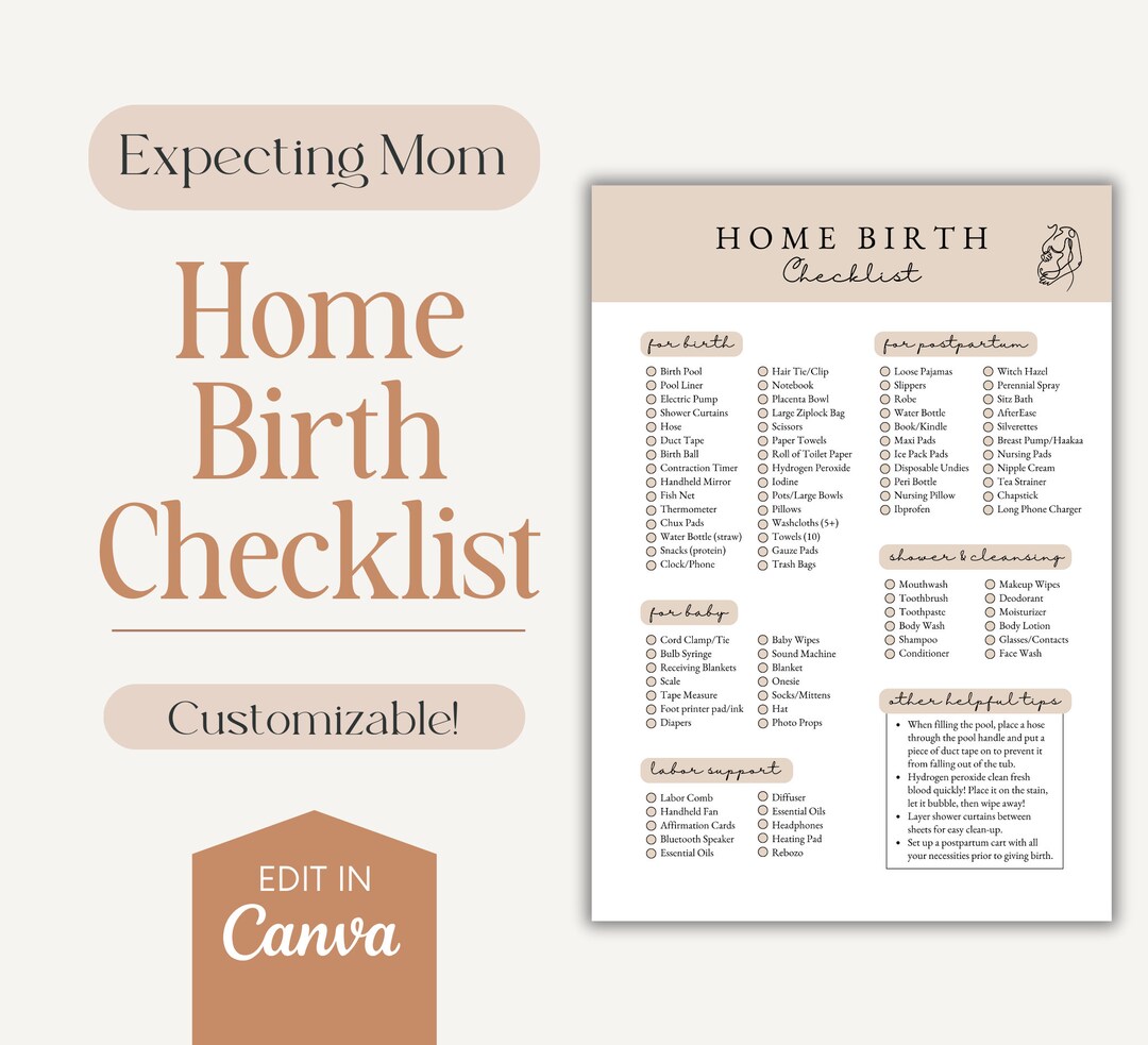 Printable Home Birth Checklist, Editable Checklist, Home Birth Prep ...