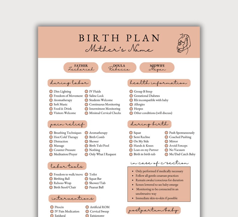 Customized 1-page Birth Plan Template, Birth Plan Printable, Printable ...