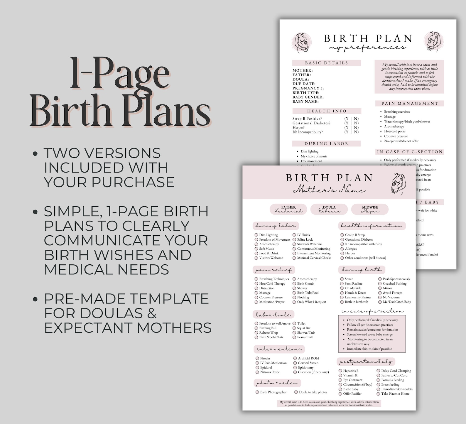 Customizable Birth Preferences, 1-page Printable Birth Plan, Editable ...