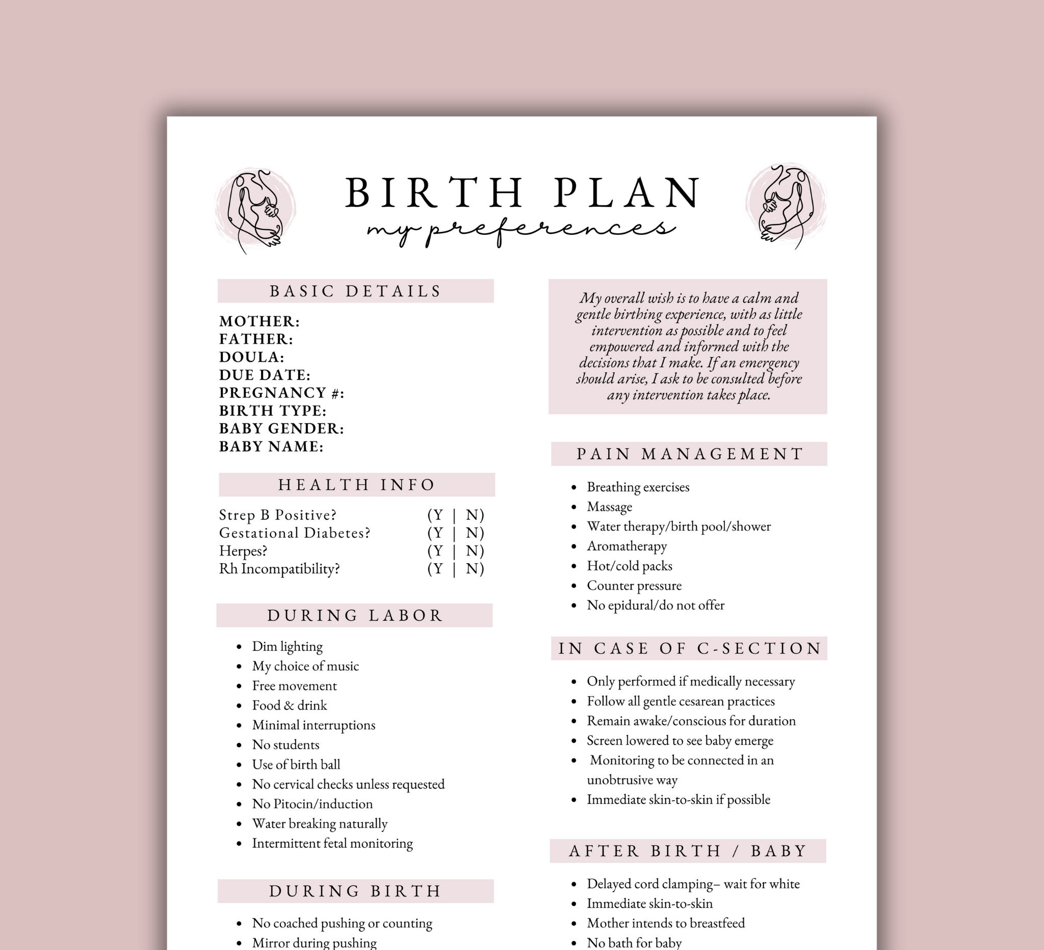 Customizable Birth Preferences, 1-page Printable Birth Plan, Editable ...