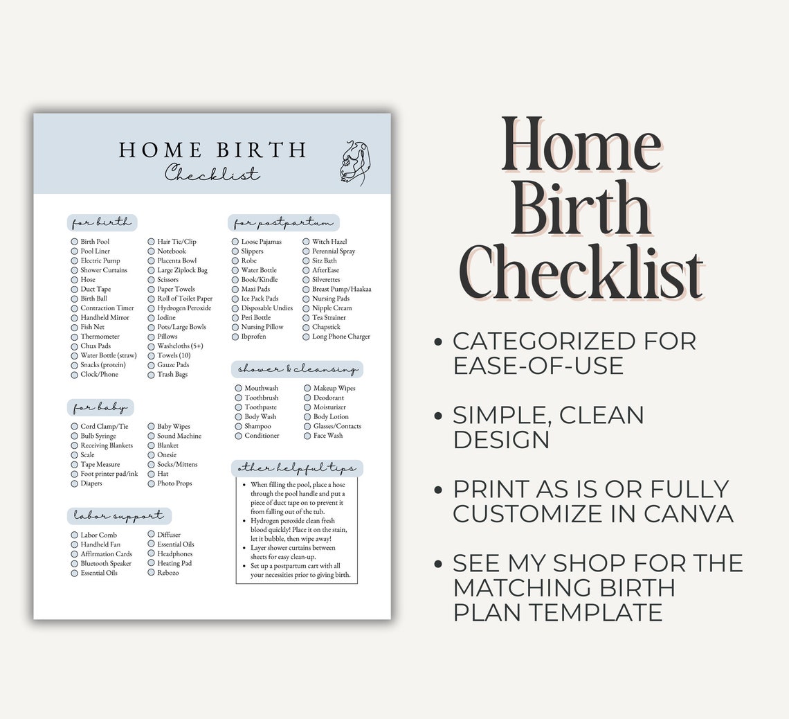 Home Birth Checklist, Printable Checklist, Editable Home Birth Prep ...