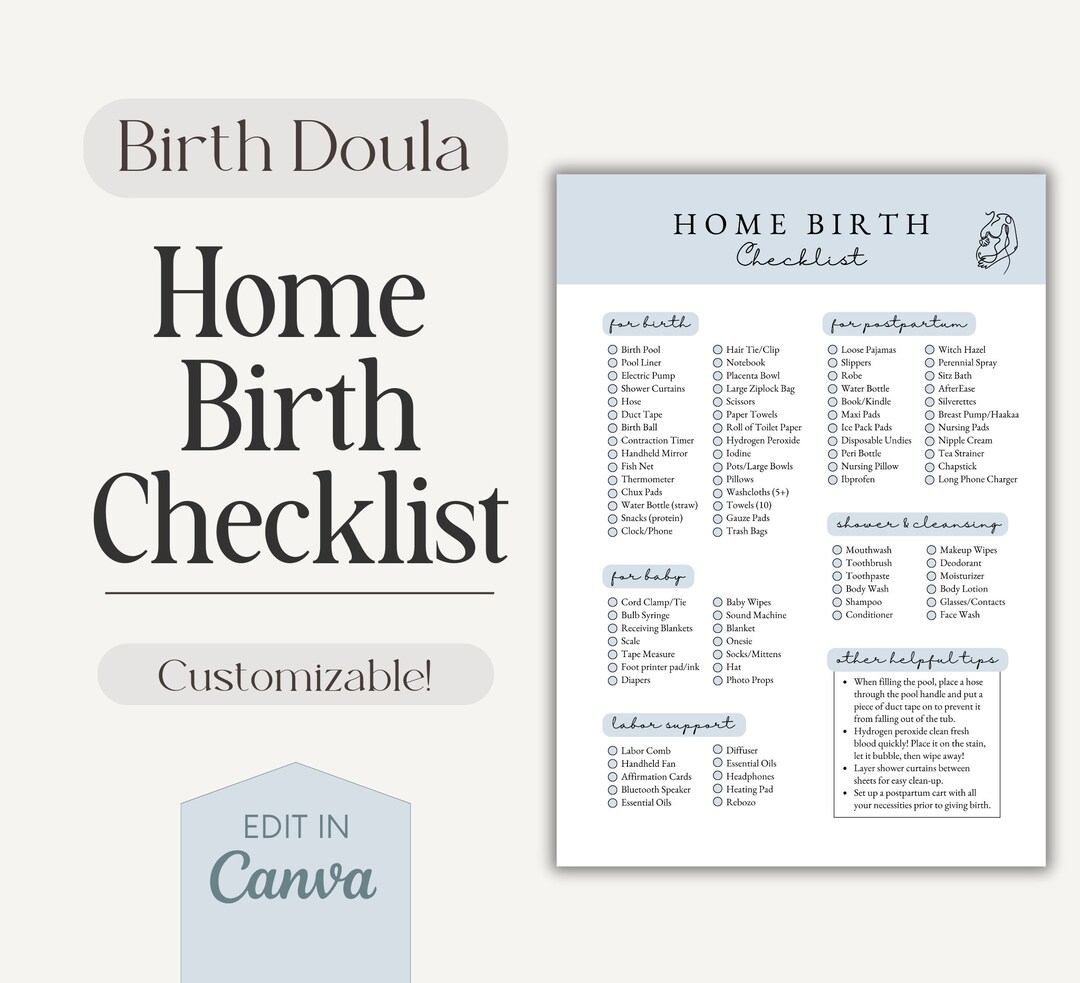 Home Birth Checklist, Printable Checklist, Editable Home Birth Prep ...
