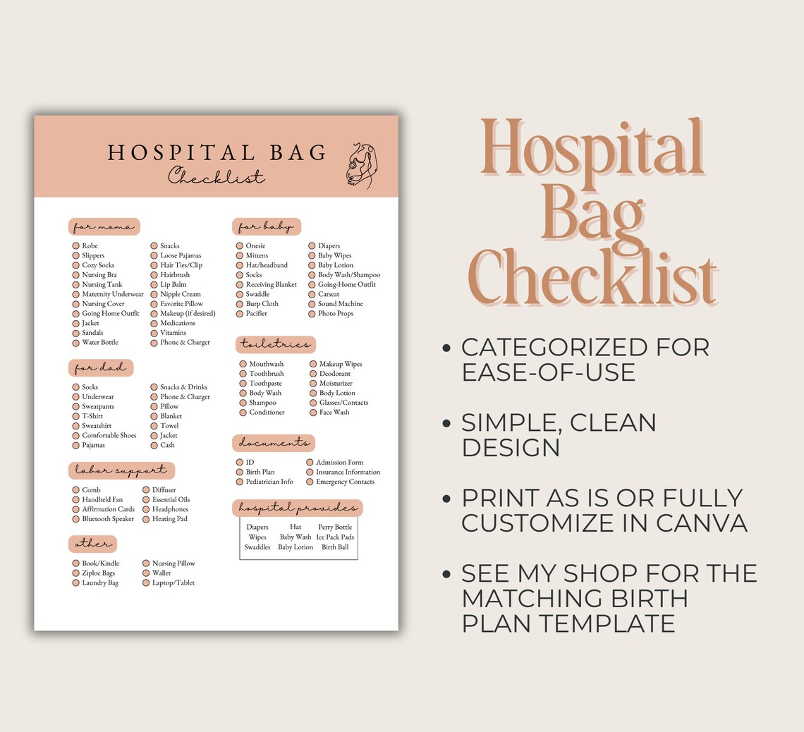 Birth Bag Checklist, Editable Hospital Bag Checklist, Birth Checklist ...