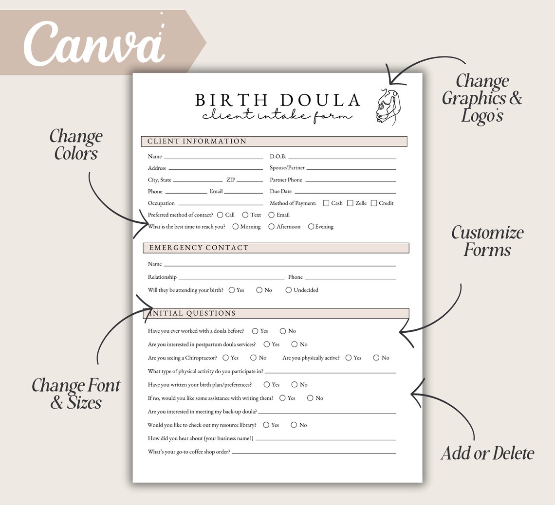 Birth Doula Client Intake Template, Canva File, Custom Forms ...