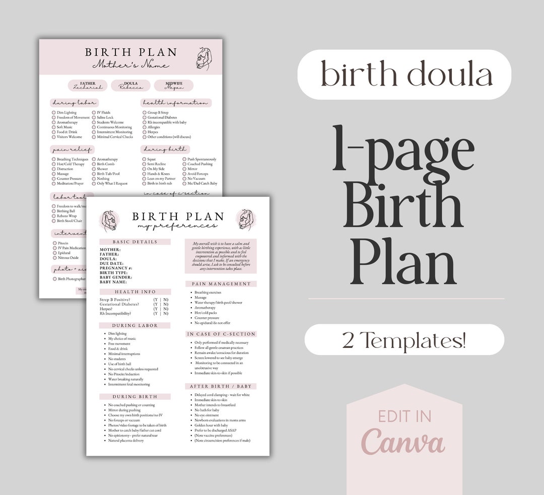 Birth Plan Template, 1-page Birth Plan Printable, Printable Birth Plan ...