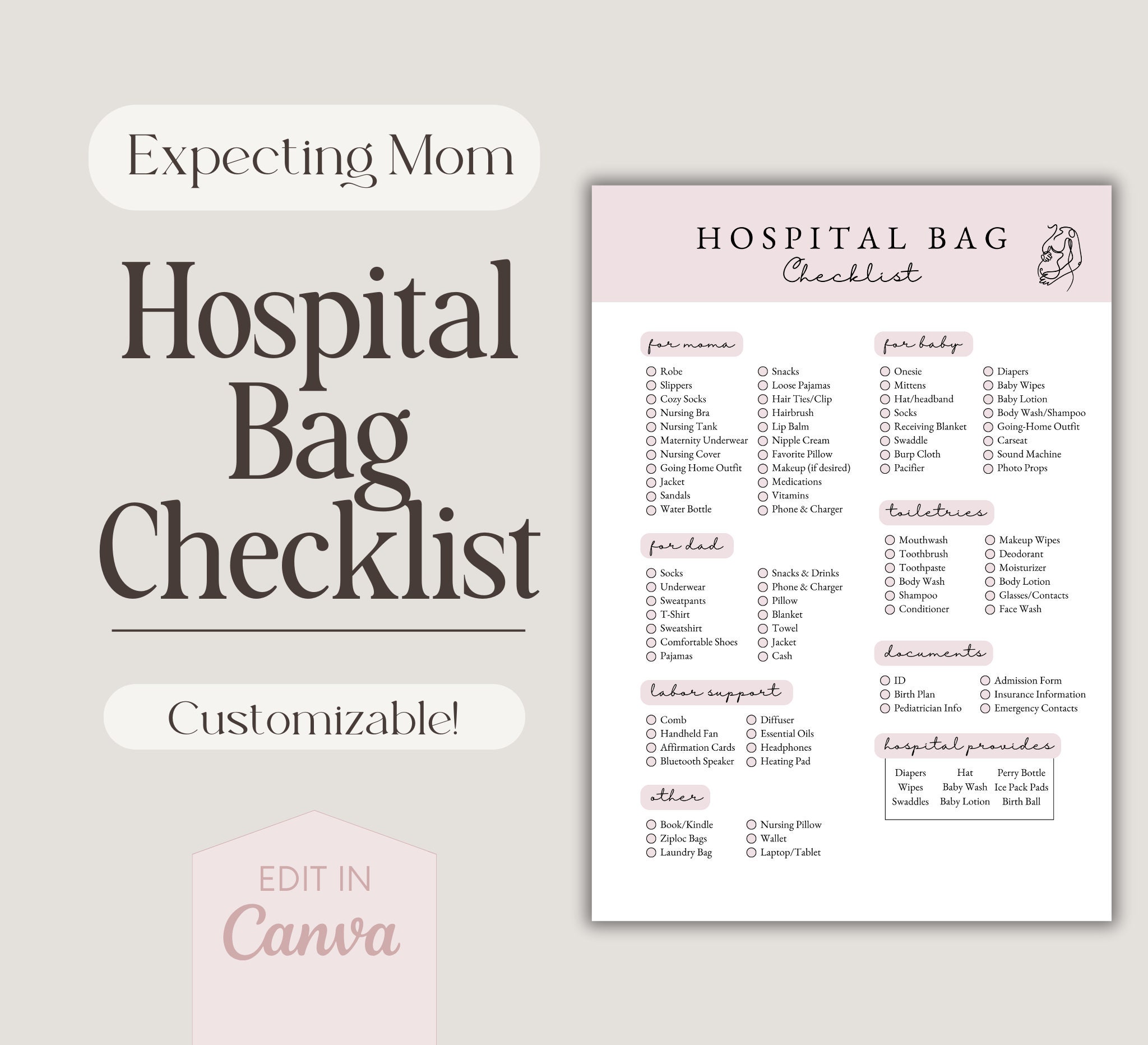 Birth Bag Checklist, Editable Hospital Bag Checklist, Birth Checklist ...