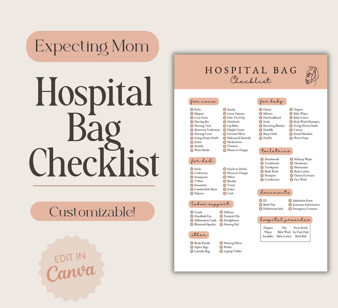 Birth Bag Checklist, Customizable Hospital Bag Checklist, Birth ...
