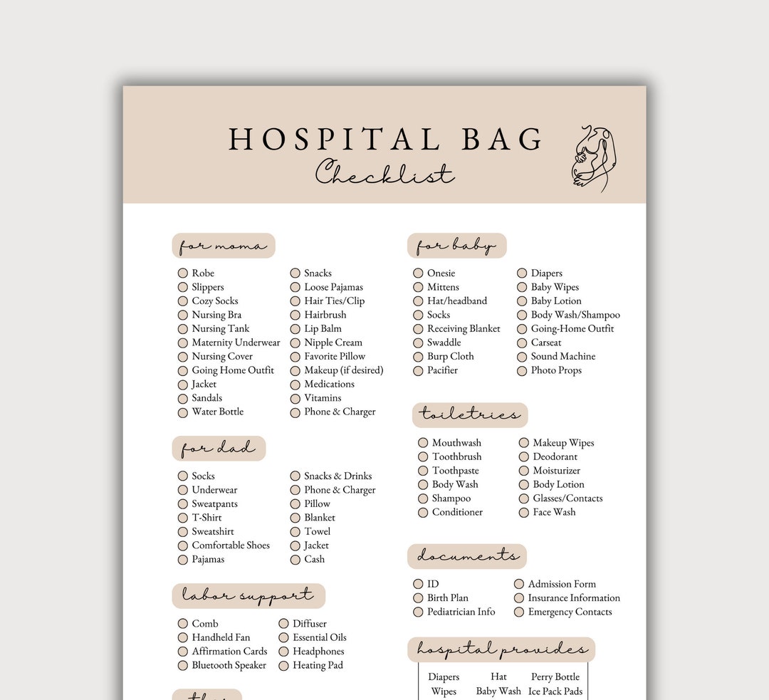 Hospital Bag Checklist, Hospital Bag Checklist Template, Birth ...