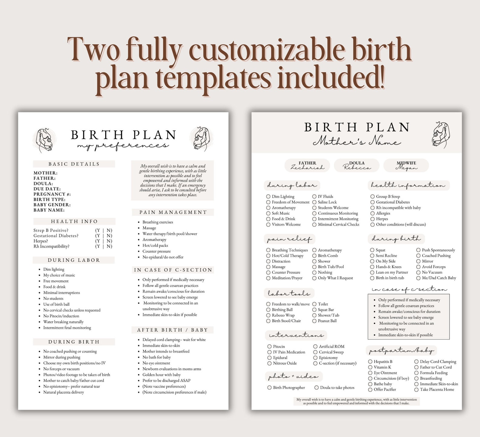 Customizable 1-page Birth Plan Template, Birth Plan Printable ...
