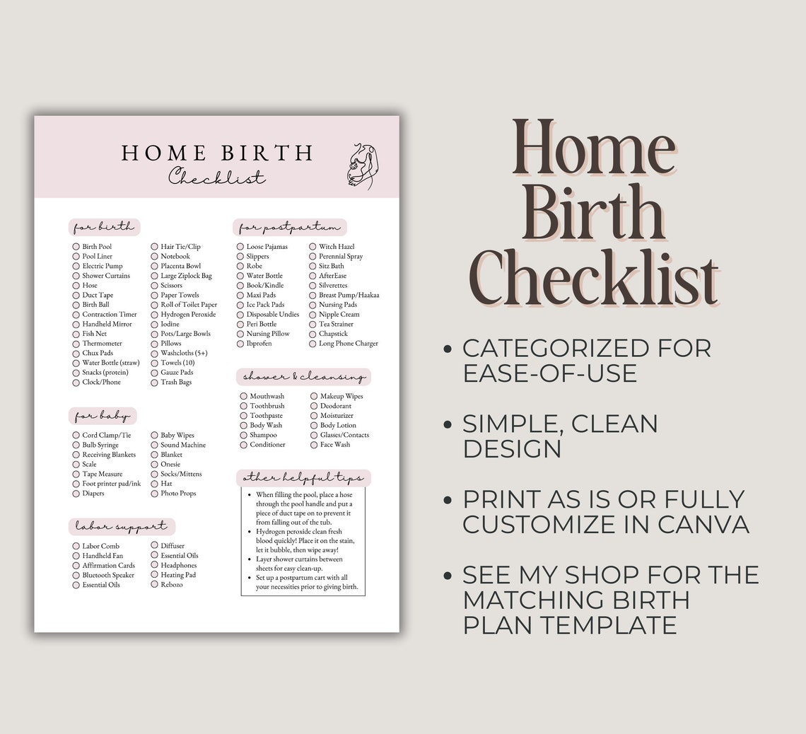 Home Birth Checklist, Printable Checklist, Editable Home Birth Prep ...