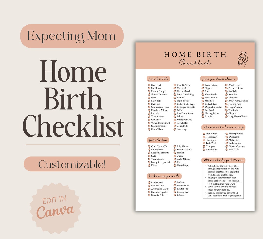 Home Birth Checklist, Printable Checklist, Editable Home Birth Prep ...