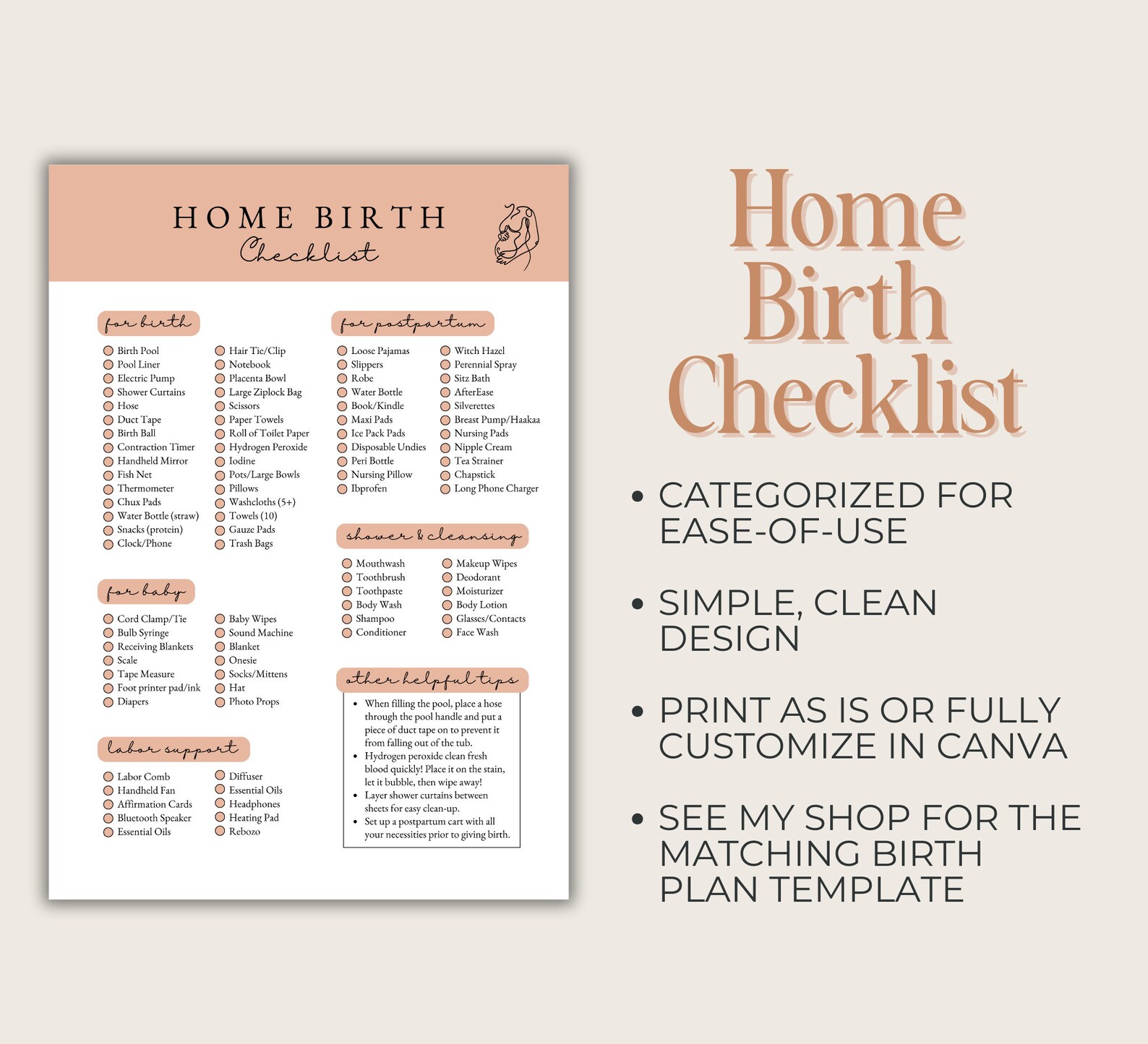 Printable Home Birth Checklist, Pregnant Mom Checklist, Editable Home ...