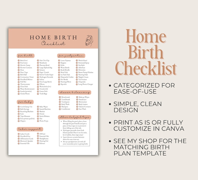 Printable Home Birth Checklist, Pregnant Mom Checklist, Editable Home ...