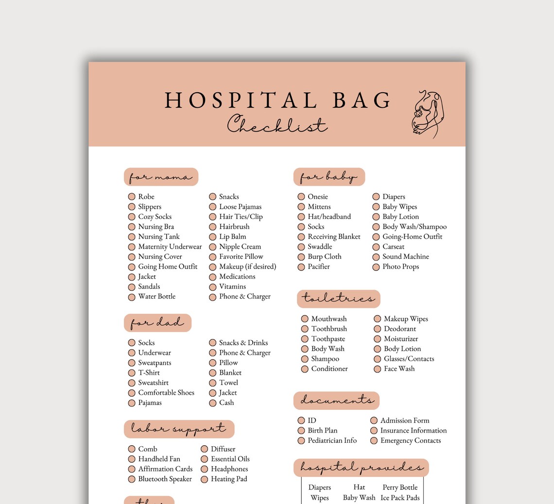 Birth Bag Checklist, Editable Hospital Bag Checklist, Birth Checklist ...