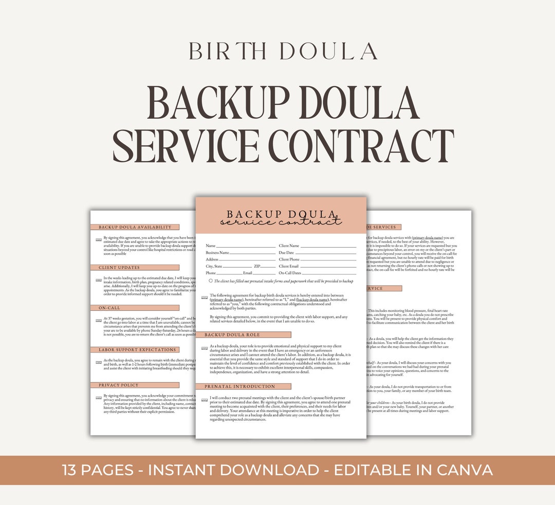 Backup Doula Service Contract, Legal Contract for Birth Doula, Backup ...