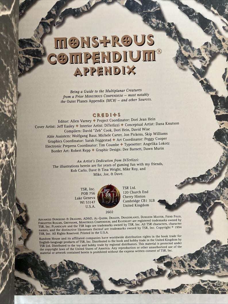 Planescape Monstrous Compendium Appendix AD&D 1994 TSR Dungeons and ...