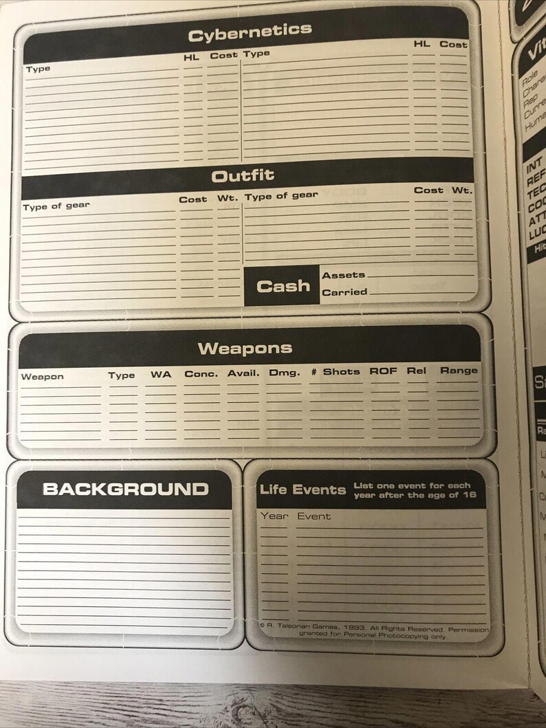 Cyberpunk 2020 Character Sheets R. Talsorian Games RPG - Etsy