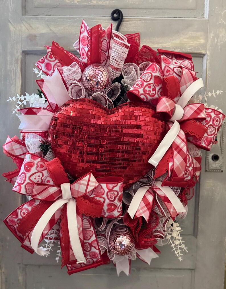 Valentine Heart Wreath • Red Sequin Heart Wreath • Valentine Front Door ...