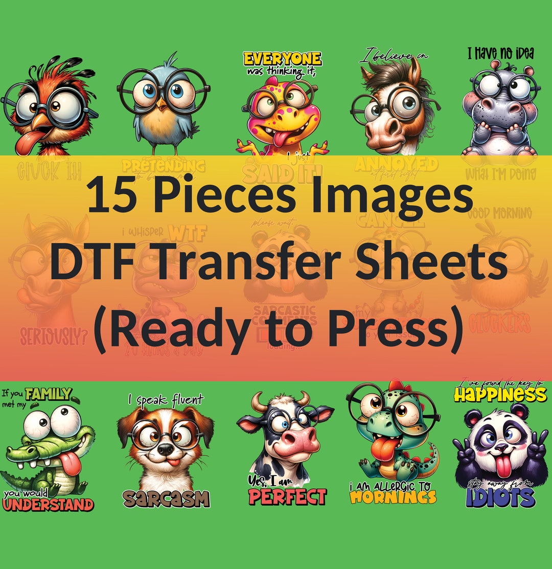 15 Pieces Images Funny Animal Bundle DTF Transfers Sheets Ready for ...