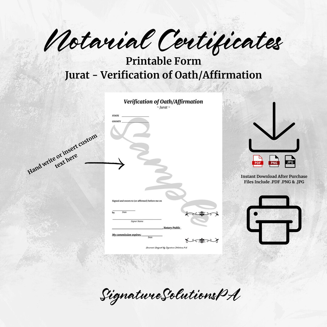 Printable Notary Certificate Jurat/verification of Oath or Affirmation W/blank Space for Custom ...