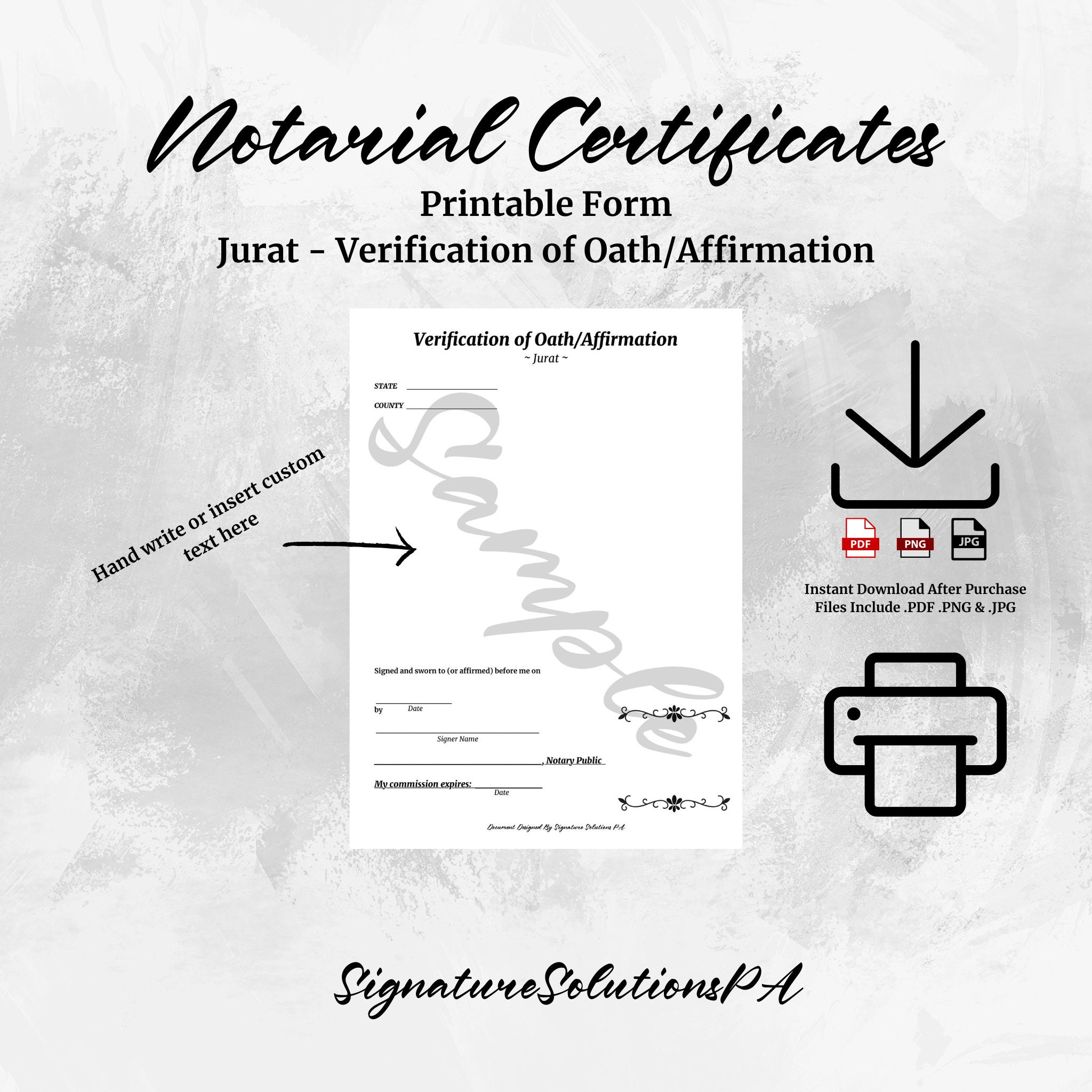 Printable Notary Certificate Jurat Verification Of Oath Or Affirmation W Blank Space For Custom