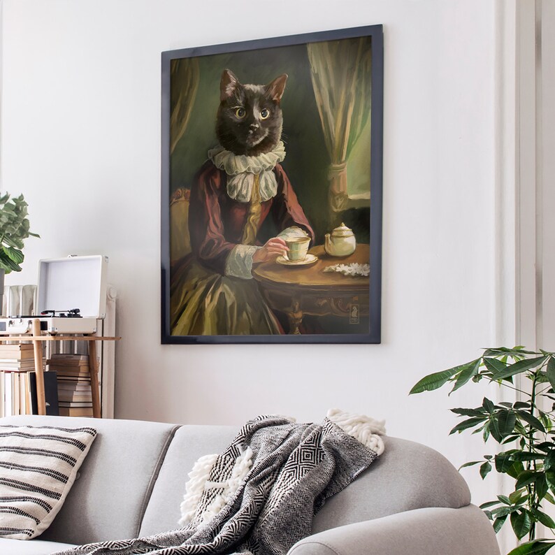 Victorian Lady Cat Art Print Elegant Cat Drinking Tea Vintage Animal ...
