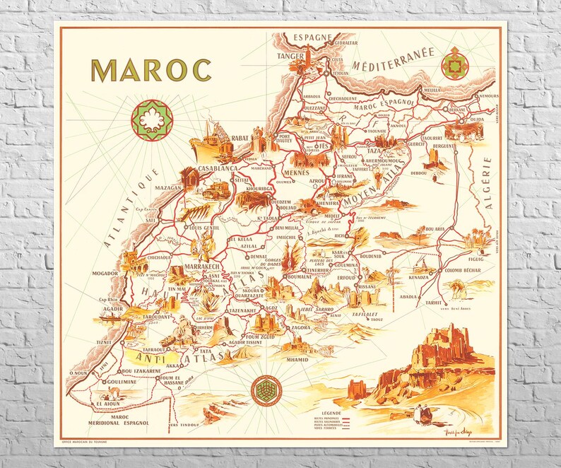 Map of Morocco 1950 | 39x37" Big Size | Africa | Retro Wall Decor - Etsy