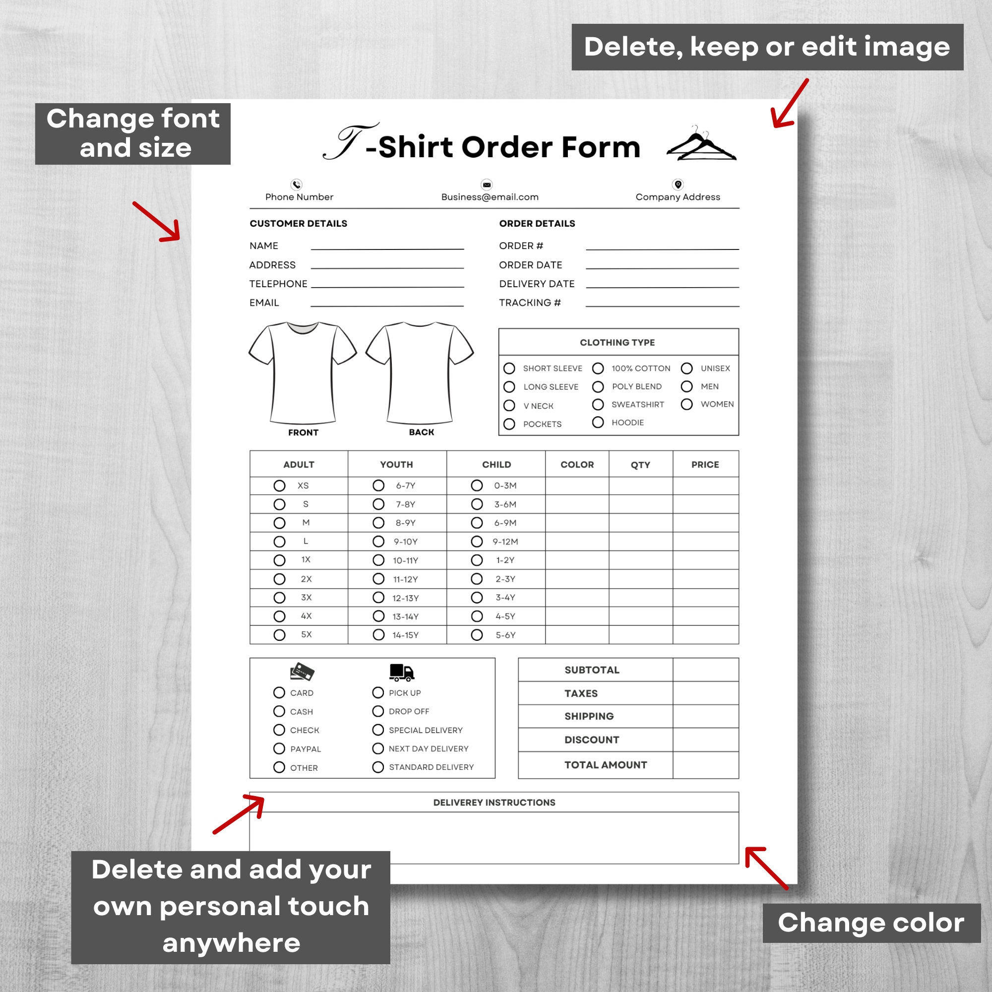 Custom T-shirt Order Form Printable & Editable Template Perfect for ...