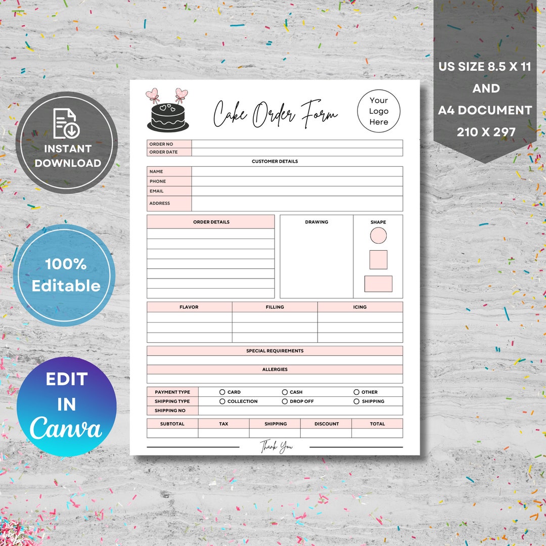 Customizable Editable Bakery Order Form Printable Template Perfect for ...