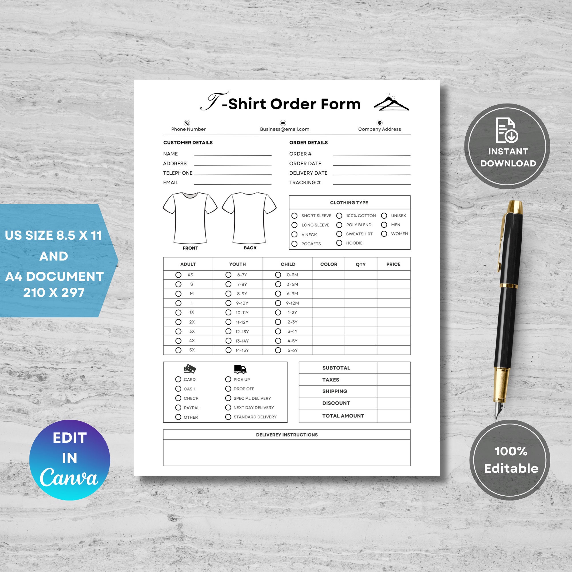 Custom T-shirt Order Form | Printable & Editable Template Perfect for Business Orders and ...