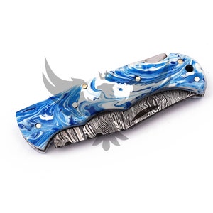 Handmade Pocket Folding Knife Unique Ocean Blue Handle With Damascus ...