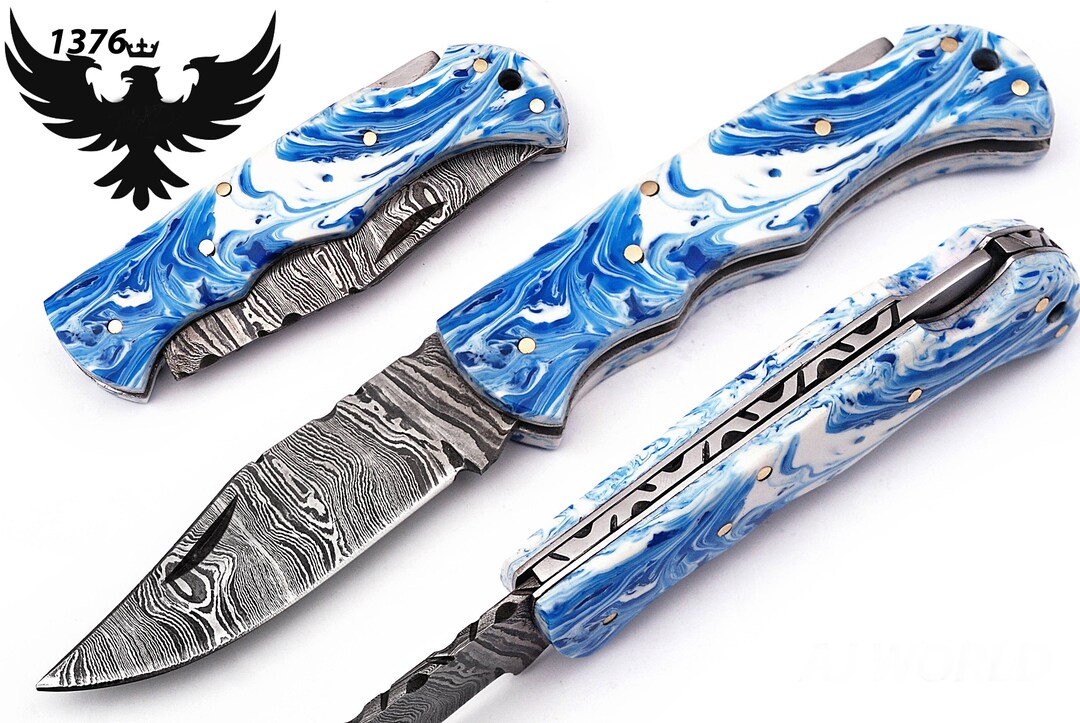 Handmade Pocket Folding Knife Unique Ocean Blue Handle With Damascus ...