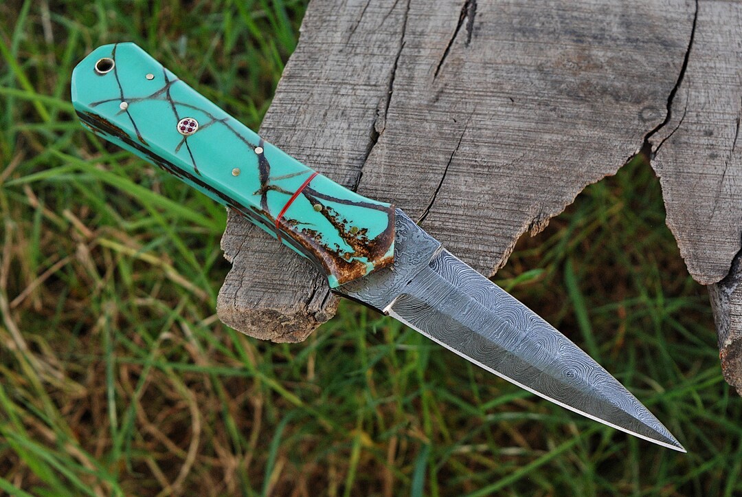 Custom Handmade Forged Dagger Throwing Boot Knife, Turquoise Resin ...