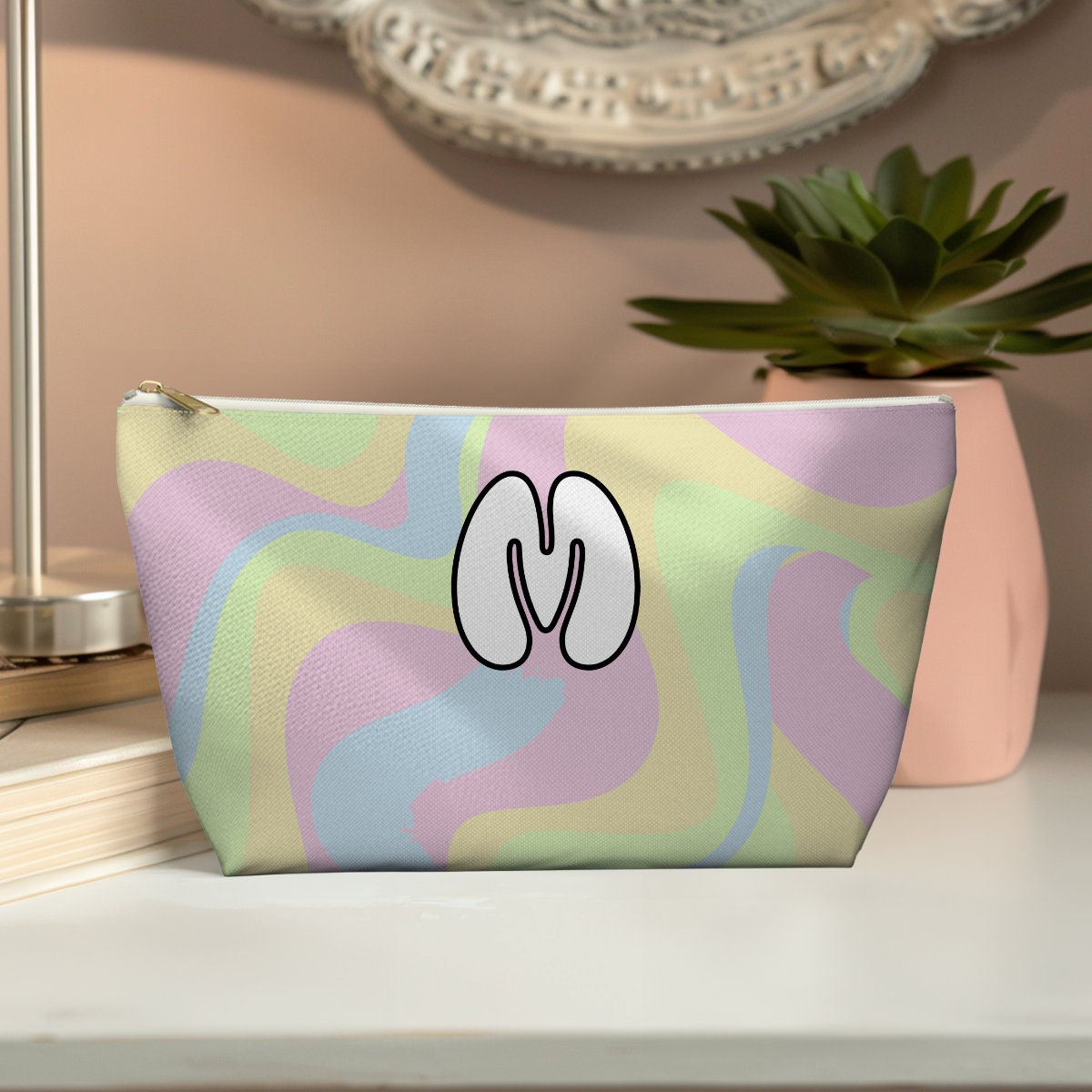 Custom Initial Make up Bag Bubble Letter Cosmetic Bag Wavy Pastel Make ...