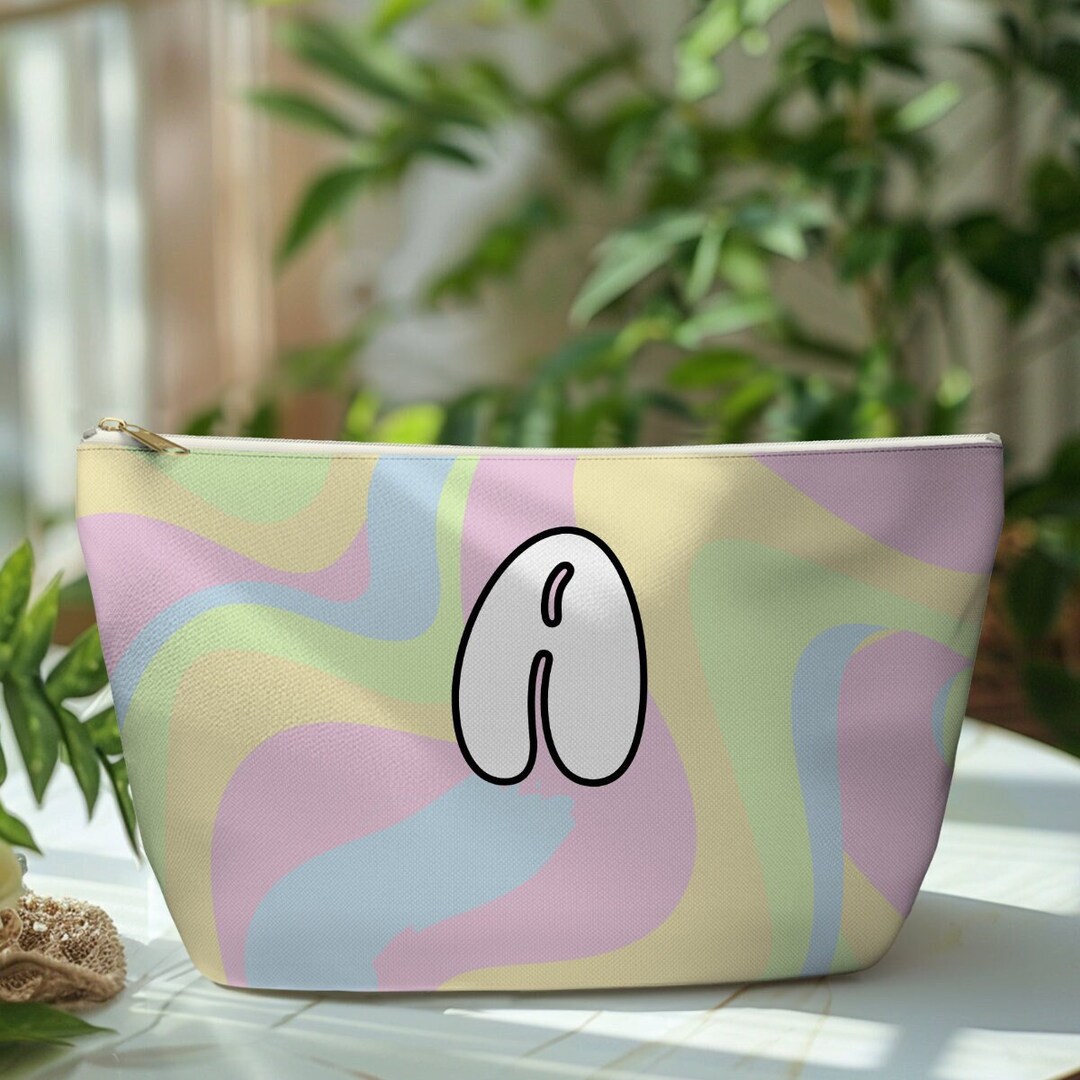 Custom Initial Make up Bag Bubble Letter Cosmetic Bag Wavy Pastel Make ...